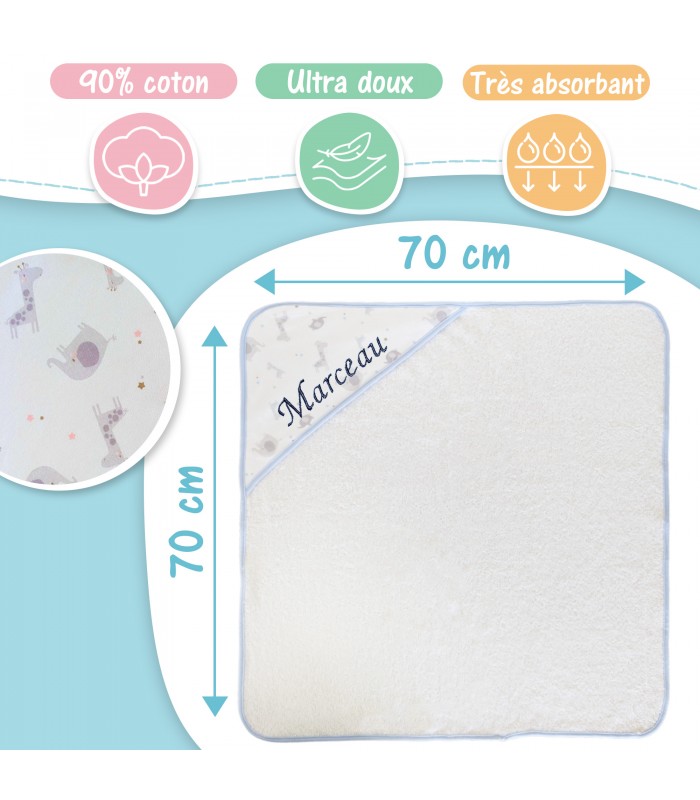 Sortie de bain bébé brodée avec un prénom - Bleu